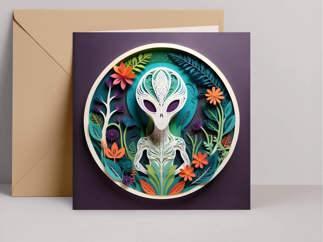 Alien Greeting Card: Extraterrestrial Papercut-style Art, 5x5 Square ...