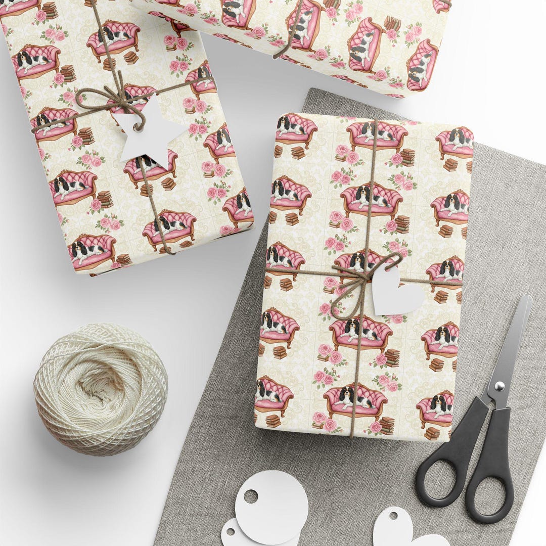 Tricolor Cavalier King Charles Spaniel Gift Wrap, Romantic Victorian ...