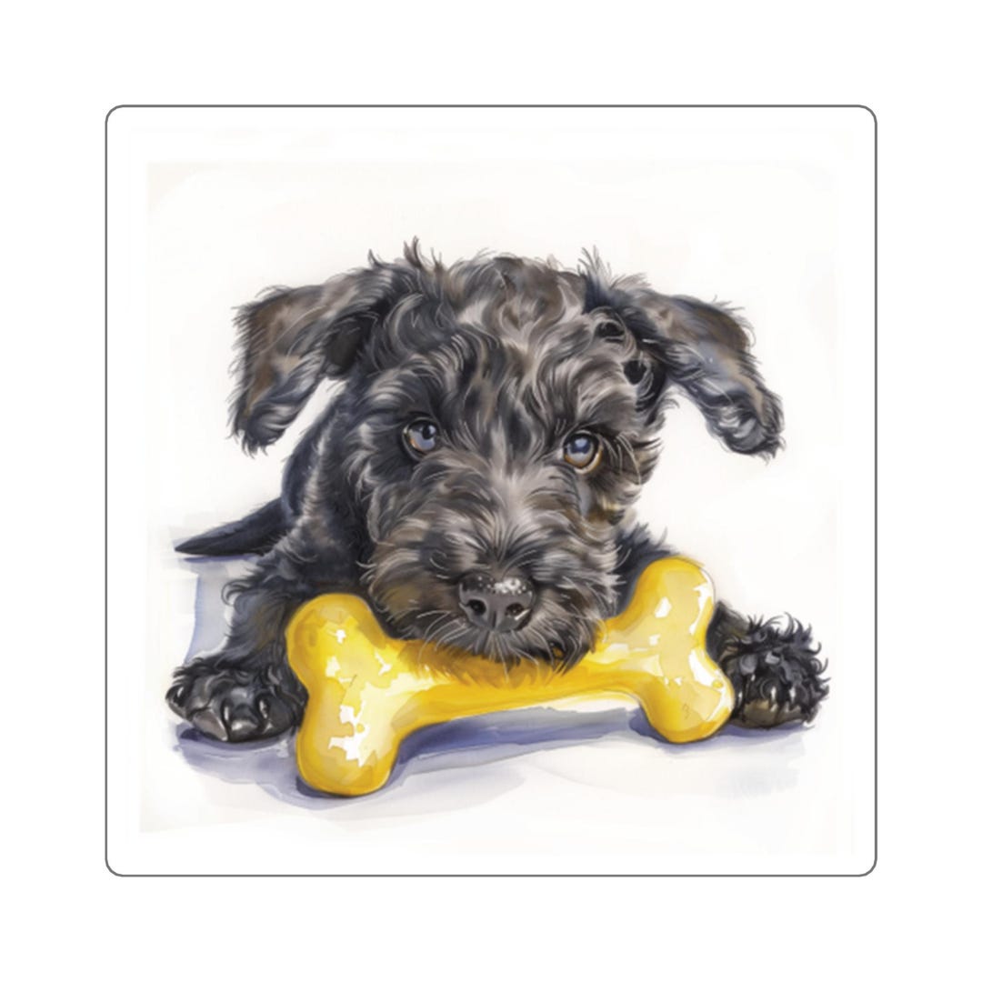Square Sticker Features a Kerry Blue Terrier Puppy With Bone in ...