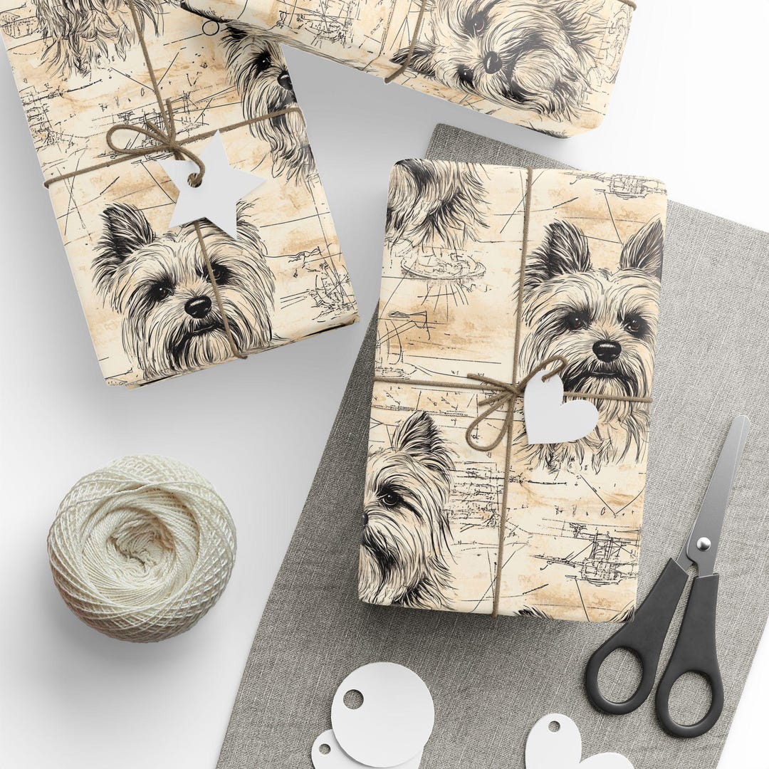 Yorkshire Terrier Gift Wrap - Davinci Sketch Style Yorkie Faces on ...