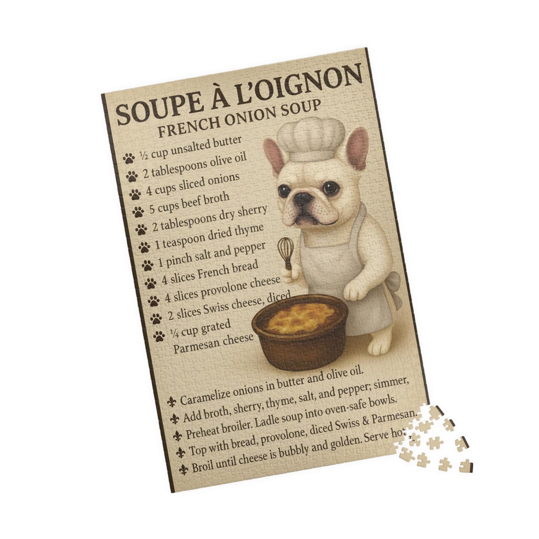 Soupe à L'oignon Illustrated Recipe Puzzle - Cream French Bulldog Chef ...