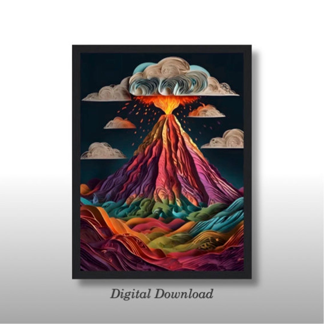 Volcano Erupting Through the Clouds Papercut Style Design Instant ...