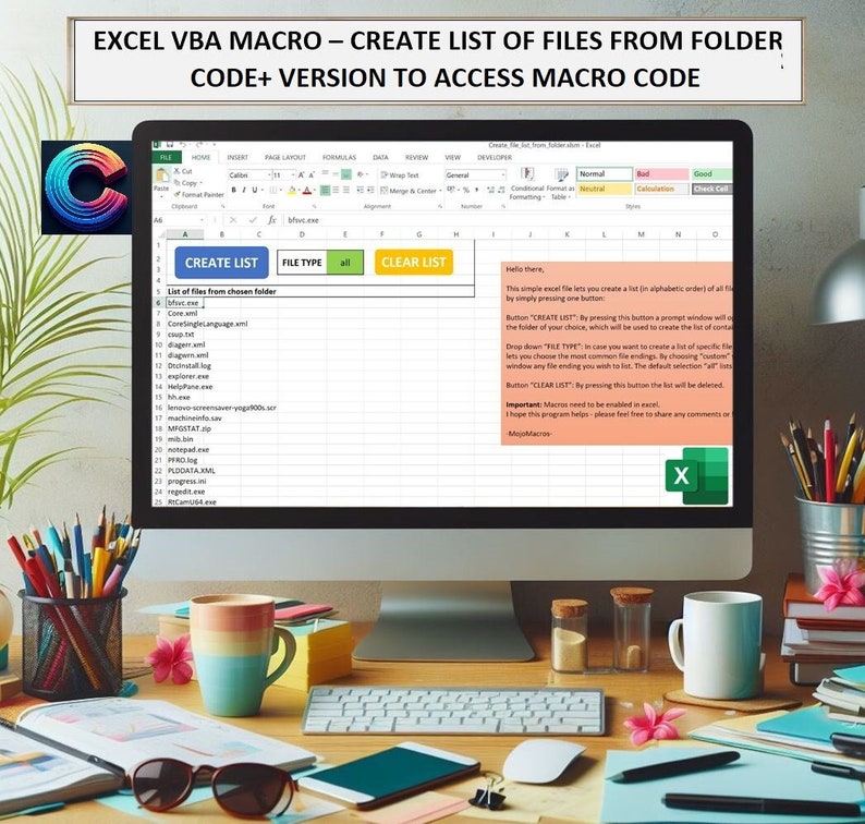 Excel Template Code+ Version - Create List of Files From Folder - Etsy