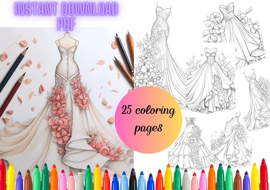 Wedding Dress With Flowers, 25 Coloring Sheets, Coloring Pages ...