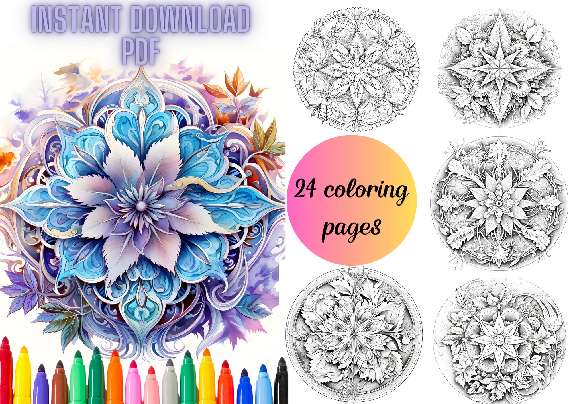 Floral Mandalas, 24 Coloring Sheets, Coloring Pages, Printable Instant ...