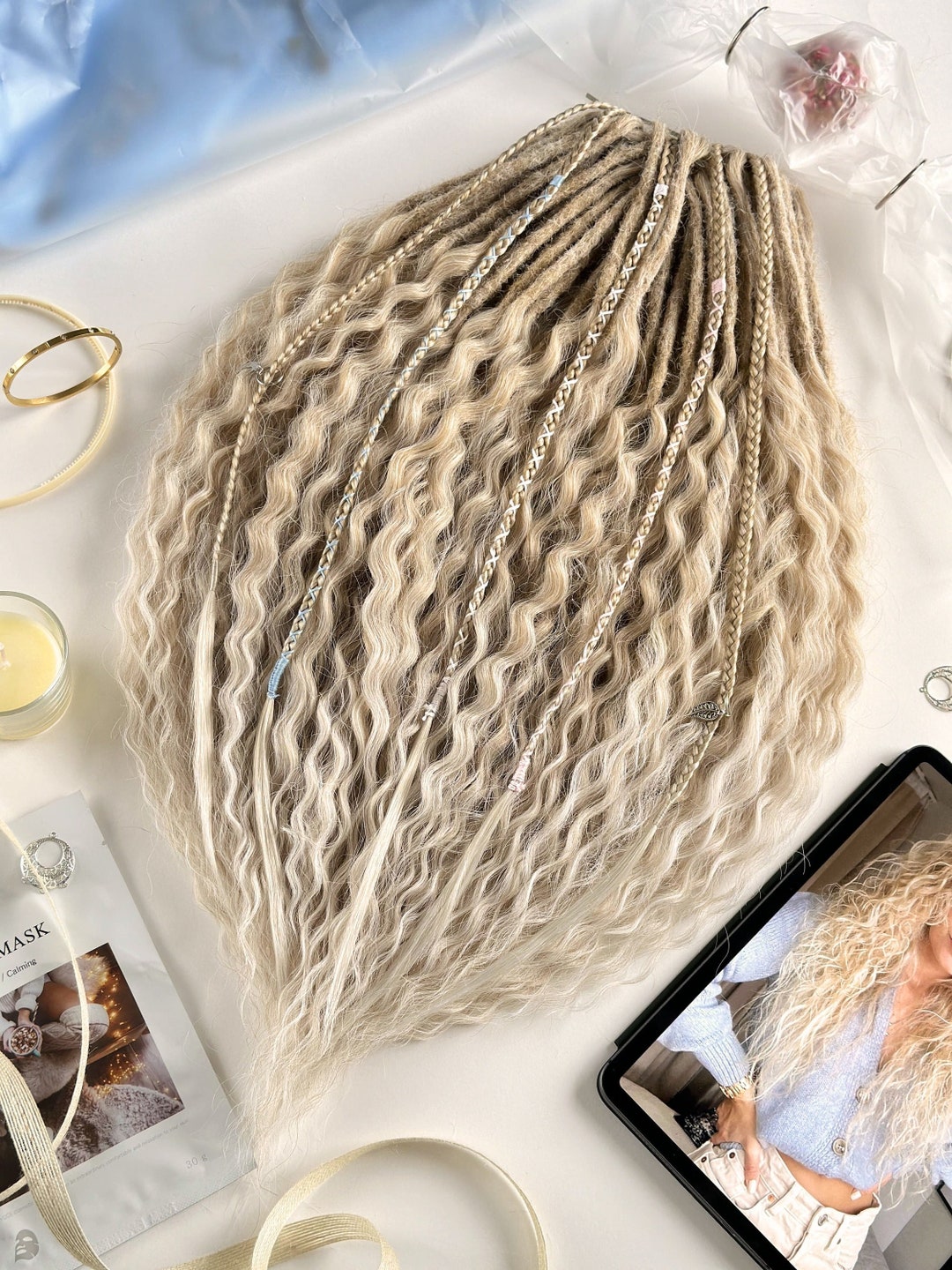 Curly Dreadlocks Cream Ash Blond Color Double Ended Synthetic Dreads ...