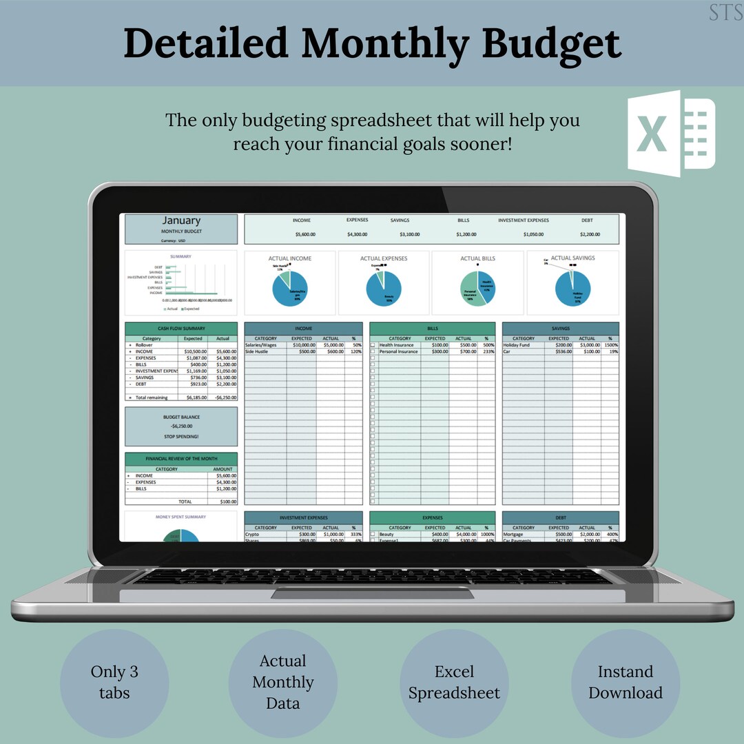 Detailed Monthly Budget for Excel Blue Green Personal Finances Easy ...