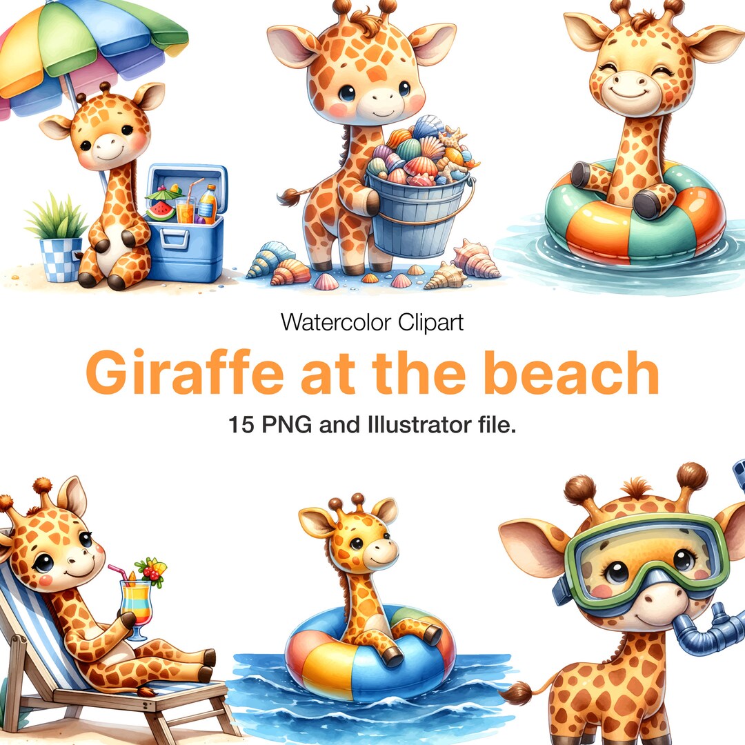 15 Watercolor Giraffe at the Beach Clipart, Giraffe at the Beach ...