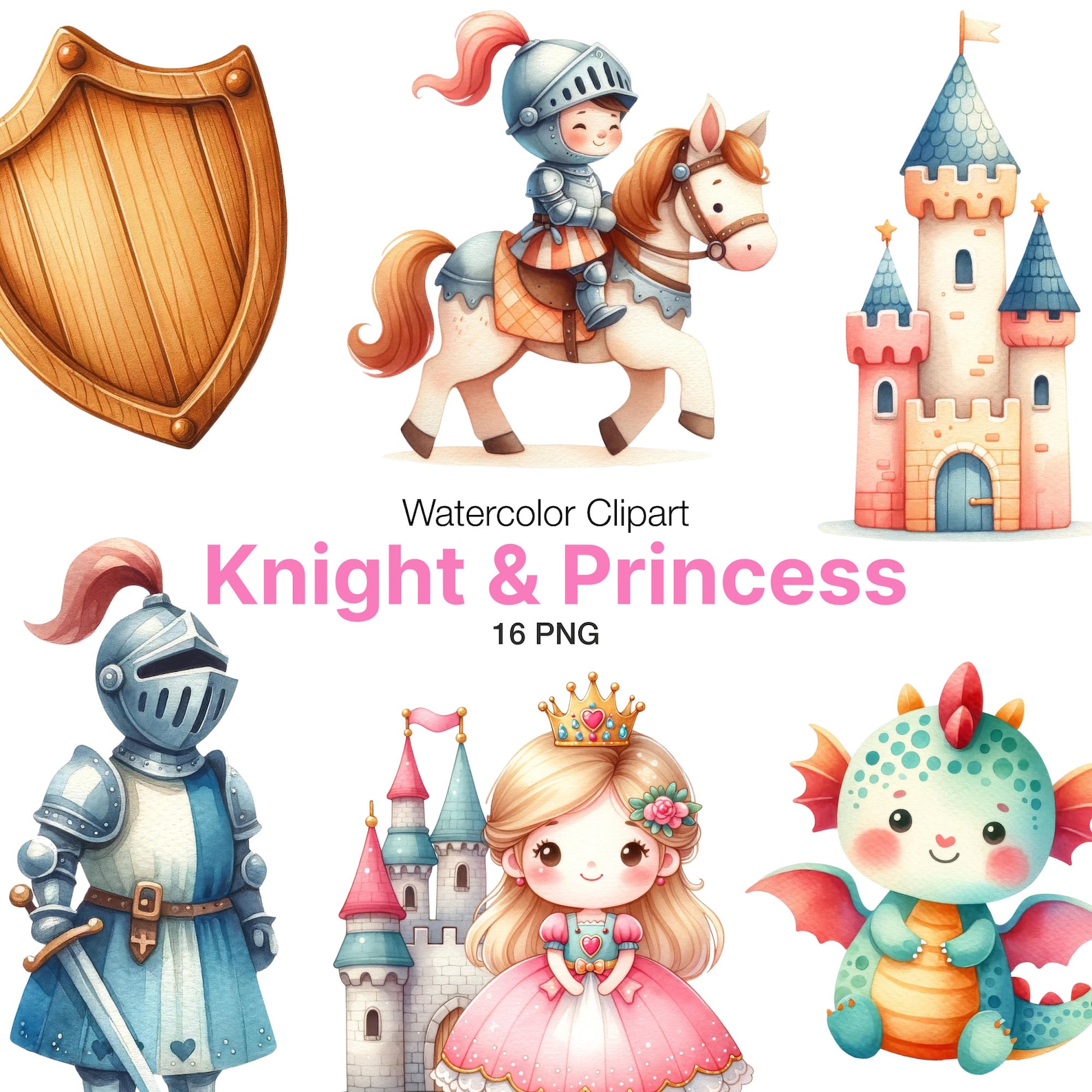 Knight and Princess Watercolor Clipart Bundle (PNG) - Etsy