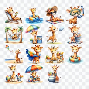 15 Watercolor Giraffe at the Beach Clipart, Giraffe at the Beach ...