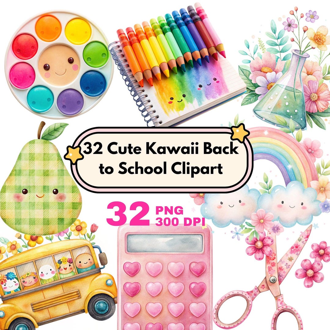 Cute Kawaii Back to School Clipart - Pastel School Supplies PNG ...