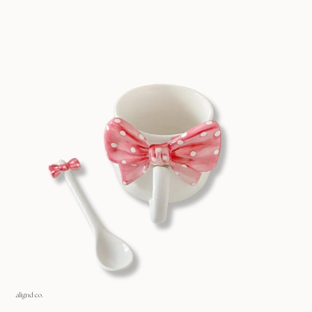 Bow Coquette Mug Ceramic Handmade Hand Painted Mug Cute Heart Bow Mug ...