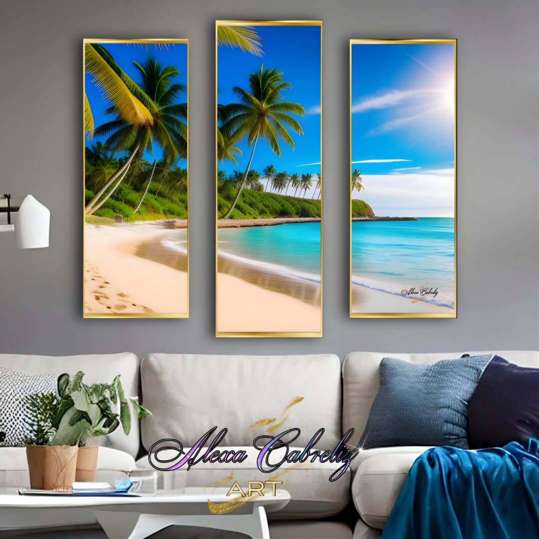 Triptych Painting, HD, Tropical Landscape, Digital Painting, Beach ...