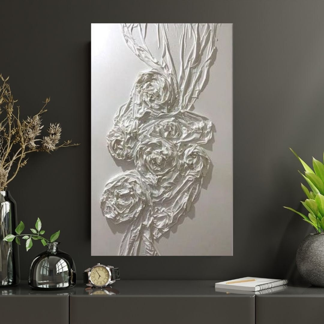 White Plaster Wall Art, Handmade Fabric Textured Painting, 3D Textured ...