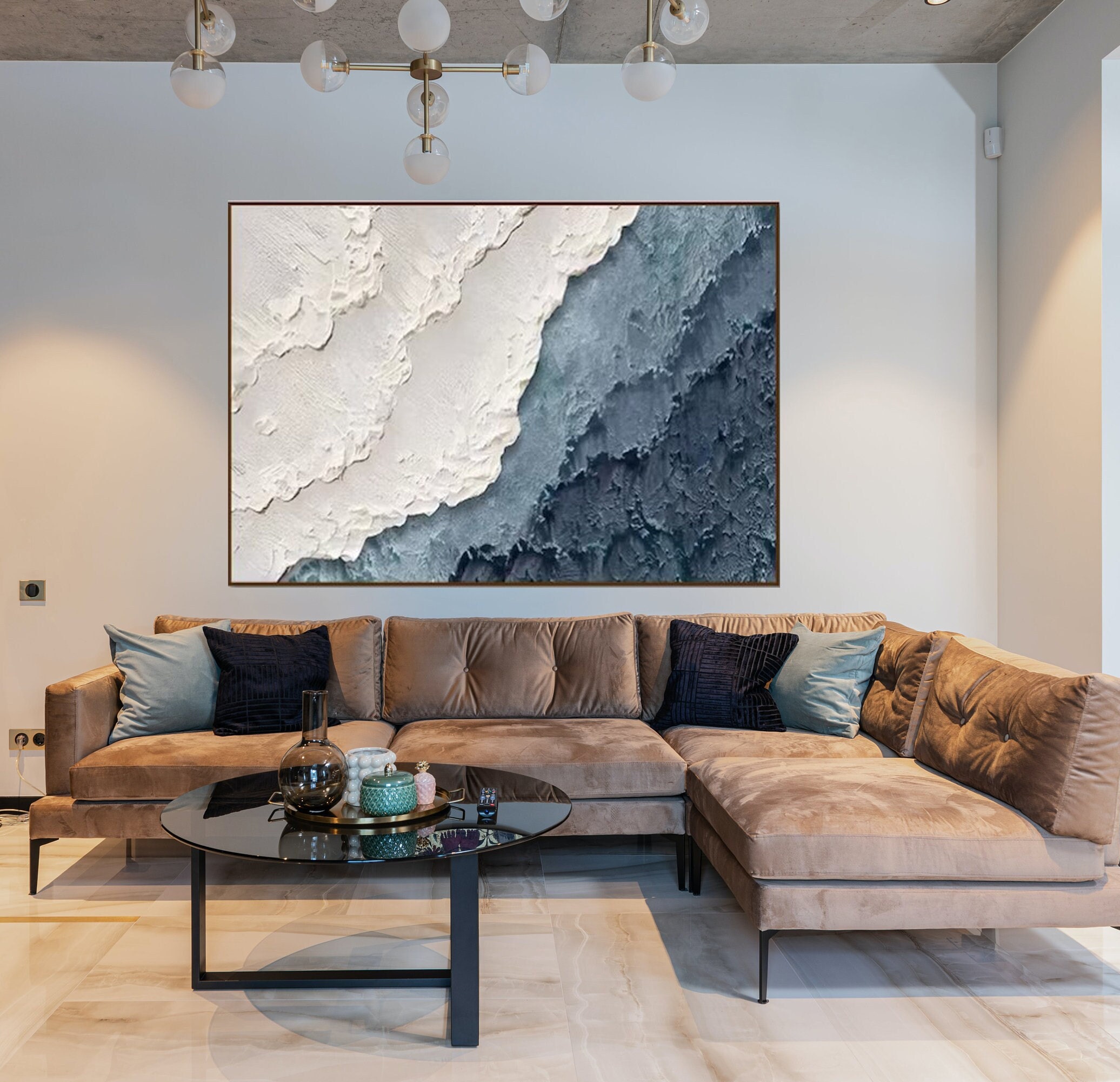 Large Textured Wall Art,blue and White Textured Art,abstract Sea Wave ...