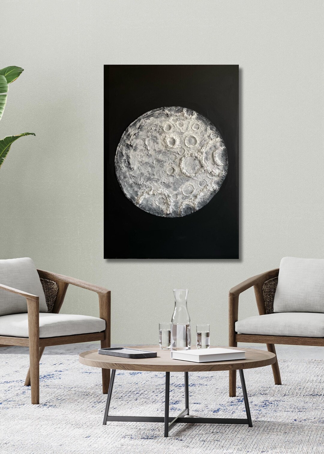 White Moon Textured Art, Abstract Canvas Painting,black Plaster Wall ...