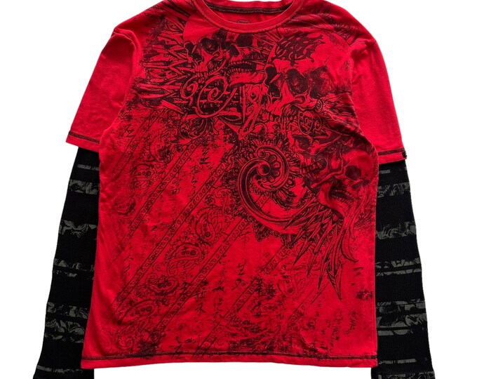 MMA Elite Skull Cross Double Layer Grunge Cyber Y2K Style Long Sleeve ...