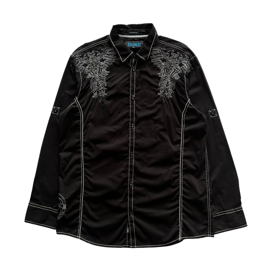 Roar Cross Wing Rhinestone Grunge Cyber Y2K Style Long Sleeve Button up ...