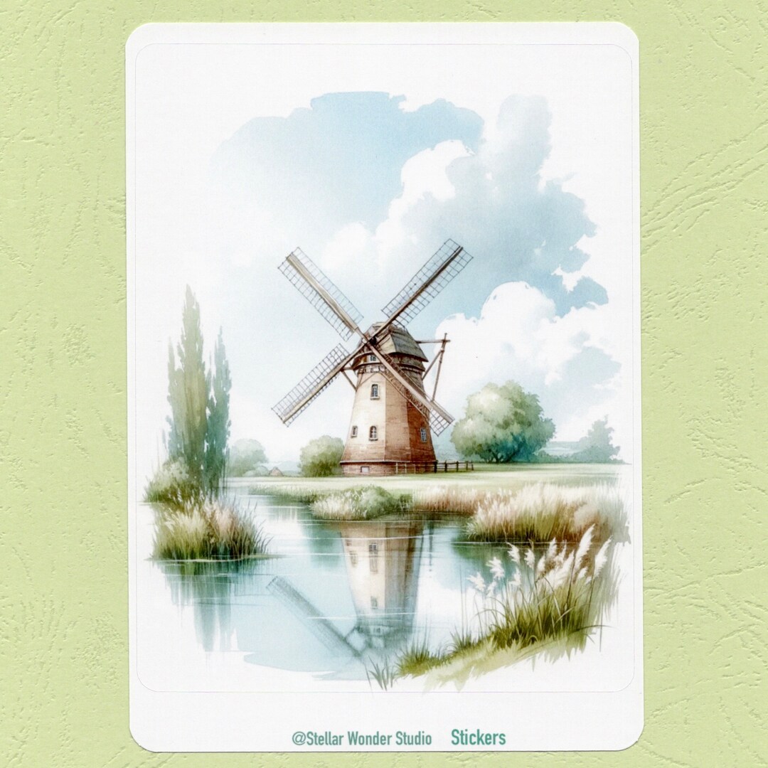 Sticker Sheet - Watercolor Windmill | Jumbo Size 6x4 in | Landscape ...