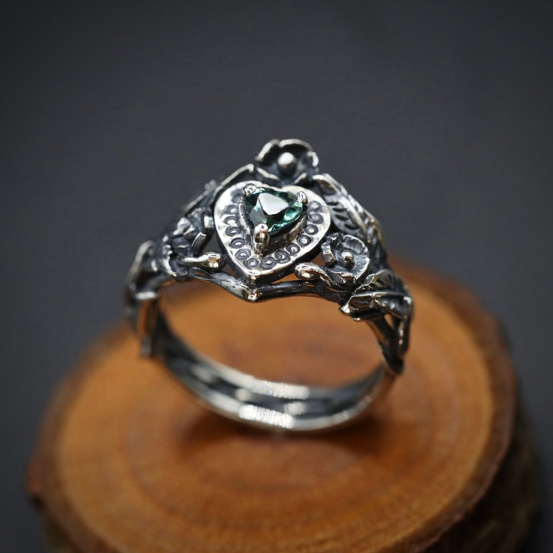 Floral Twig Leaf Flower Ring, Handmade Green Quartz Ring , Floral Ring ...