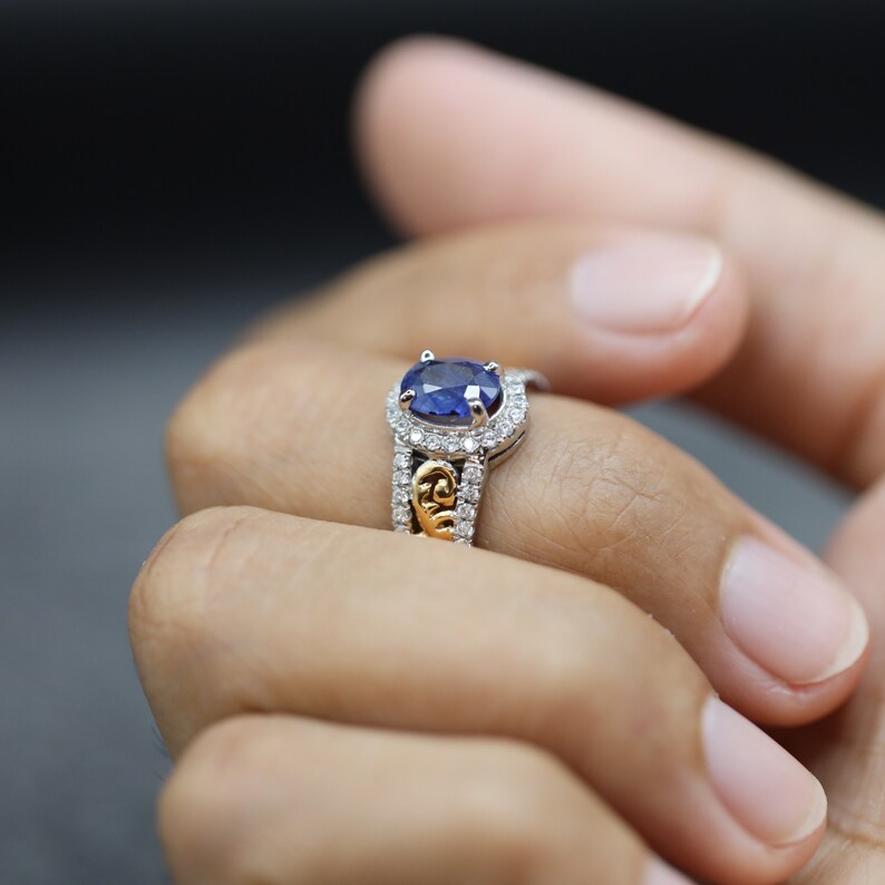 Unique Blue Sapphire Engagement Ring, Unique Gold Plated Fancy Ring ...