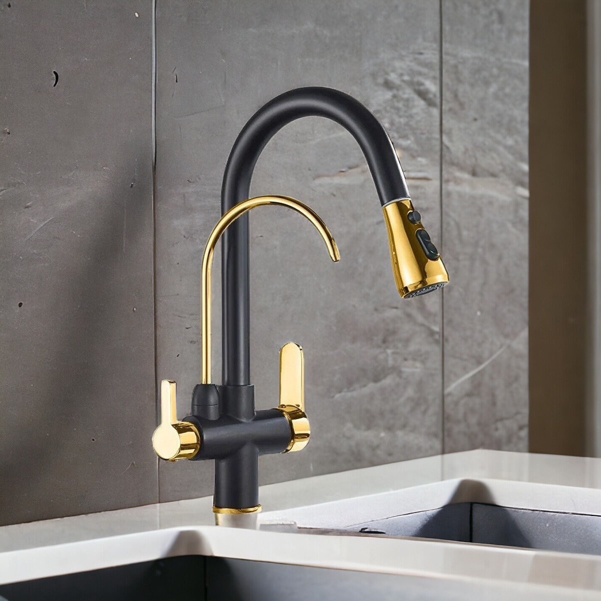 Modern Brass Kitchen Faucet Pull-down Spout, Filtration Feature, Dual ...
