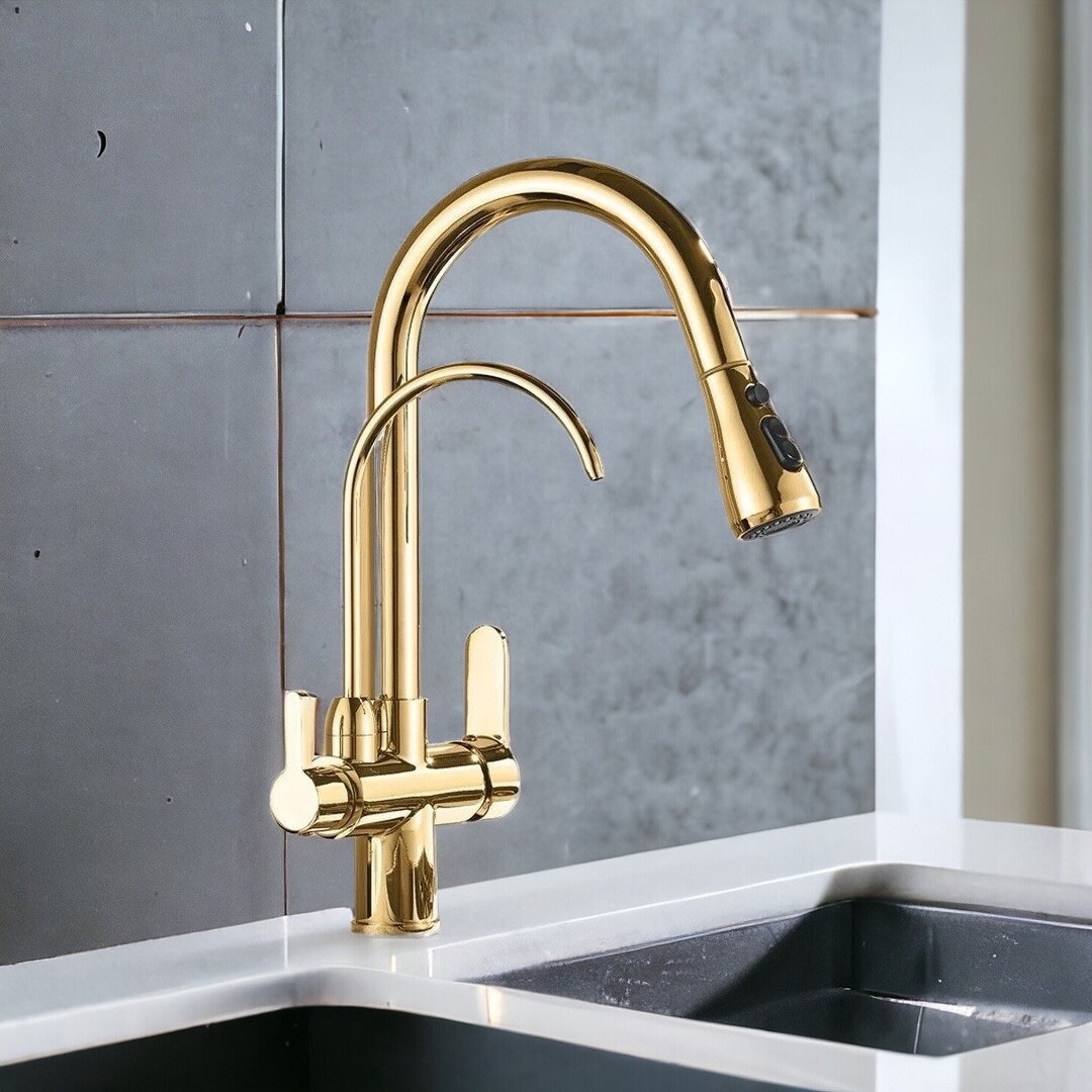 Modern Brass Kitchen Faucet Pull-down Spout, Filtration Feature, Dual ...