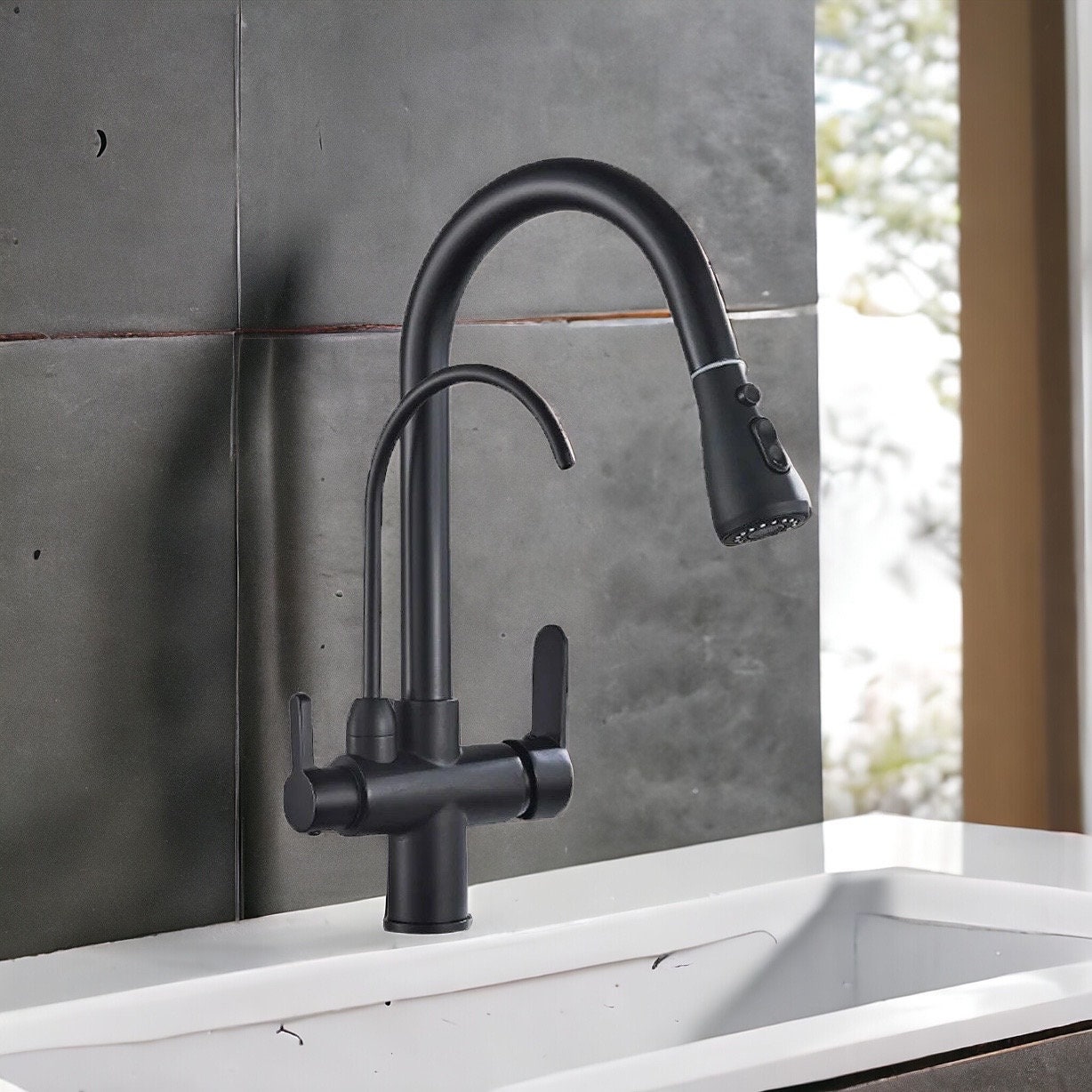 Modern Brass Kitchen Faucet Pull-down Spout, Filtration Feature, Dual ...