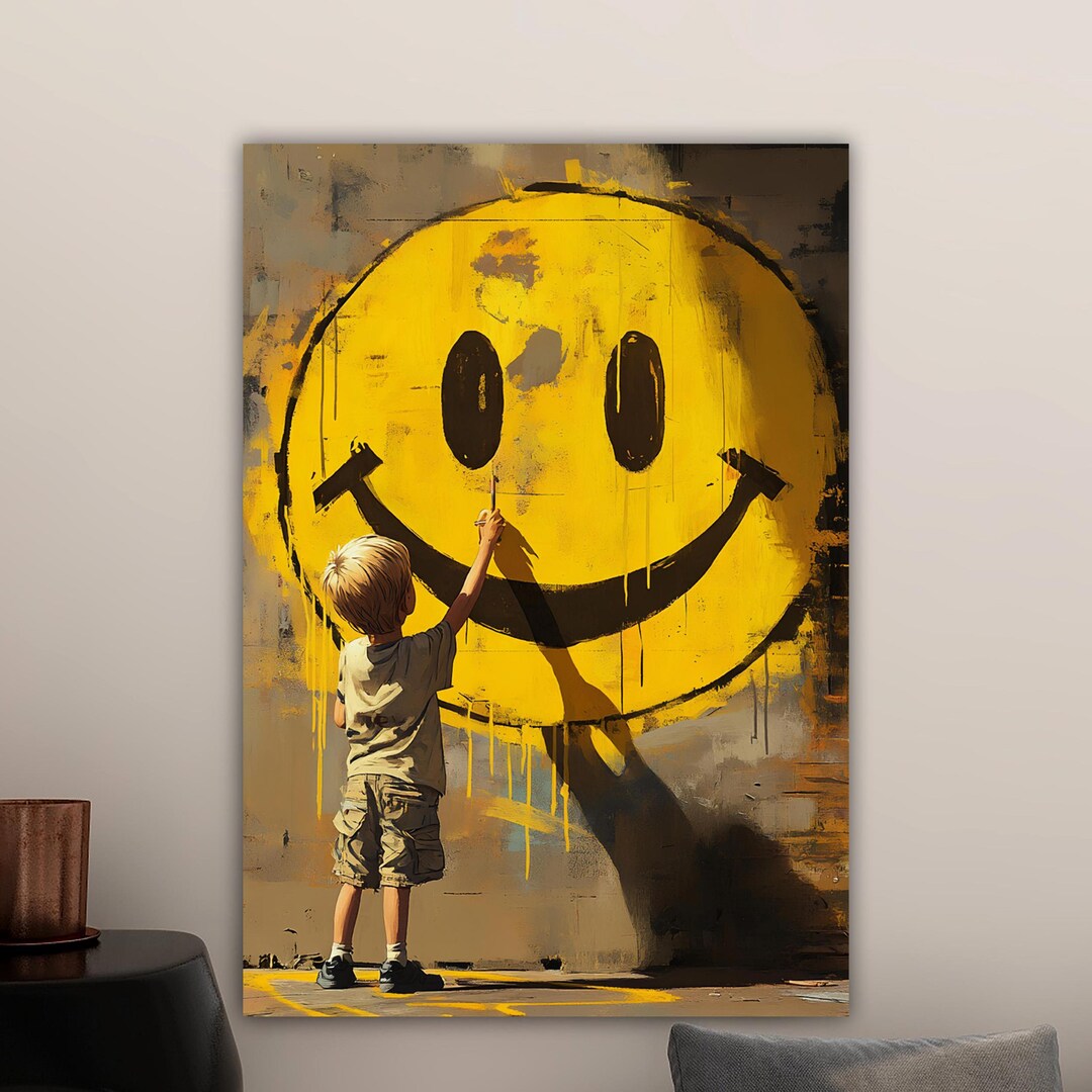 Smiling Emoji Banksy Canvas Painting, Banksy Wall Painting, Kids Home ...