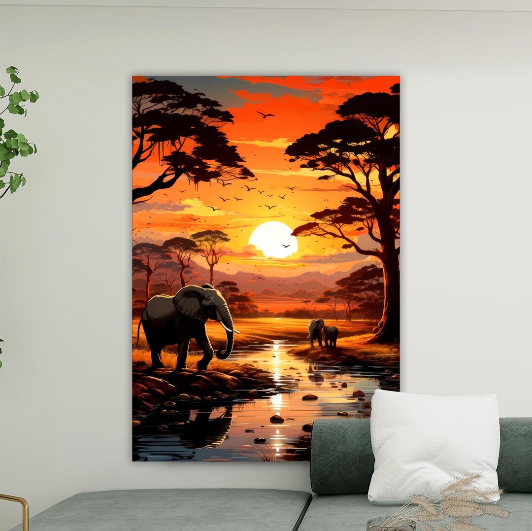 African Safari Canvas Painting, Animal Wall Painting, Elephant Home ...