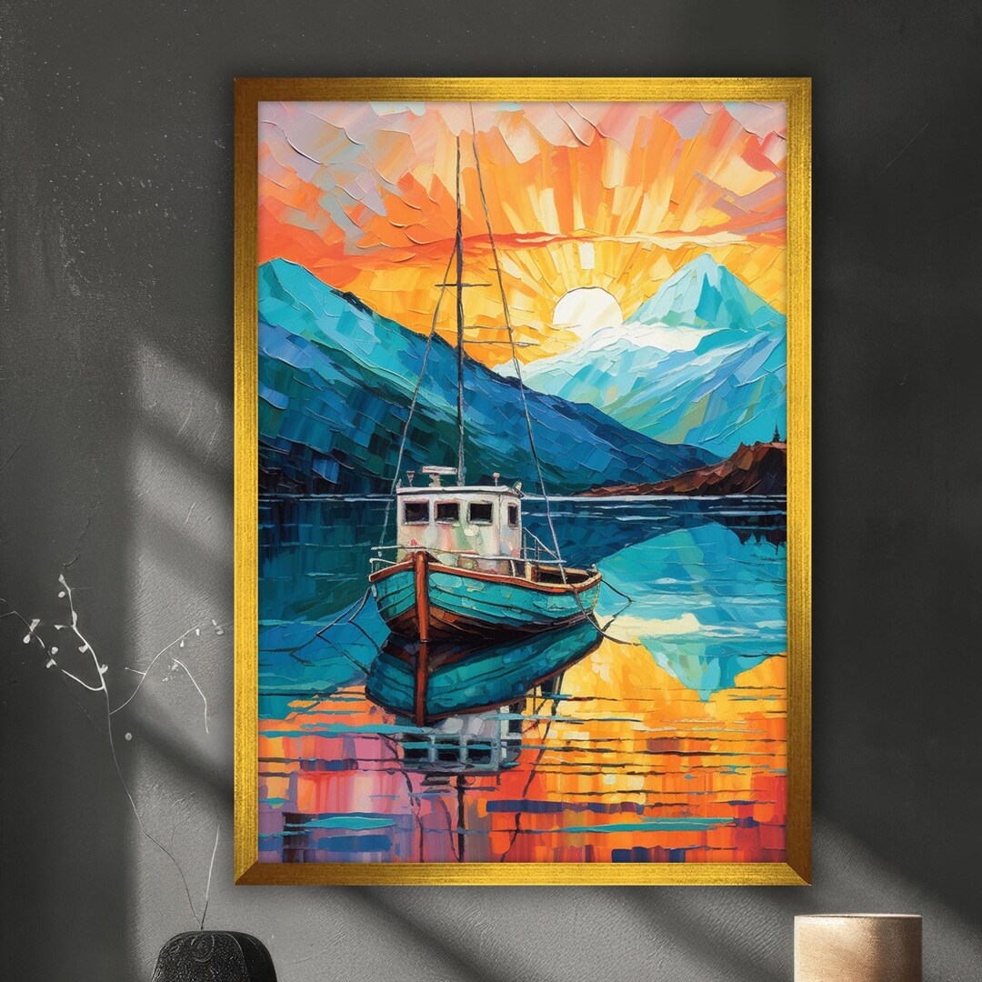 Sunset Fishing Boat Canvas Painting, Landscape Wall Painting, Fisherman ...
