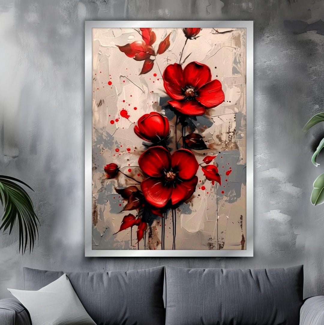 Red Flower Canvas Painting, Red Wall Painting, Flower Home Decor ...