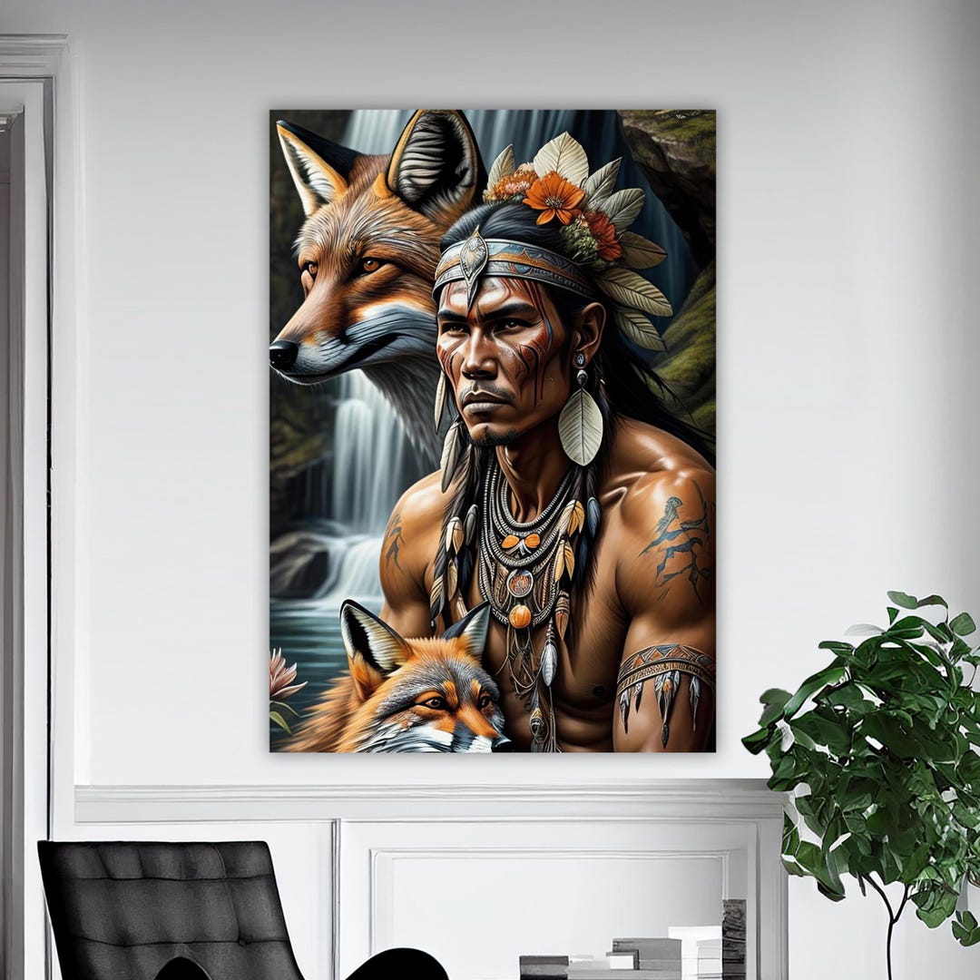 Native American and Fox Canvas Painting, Wall Painting, Native American ...