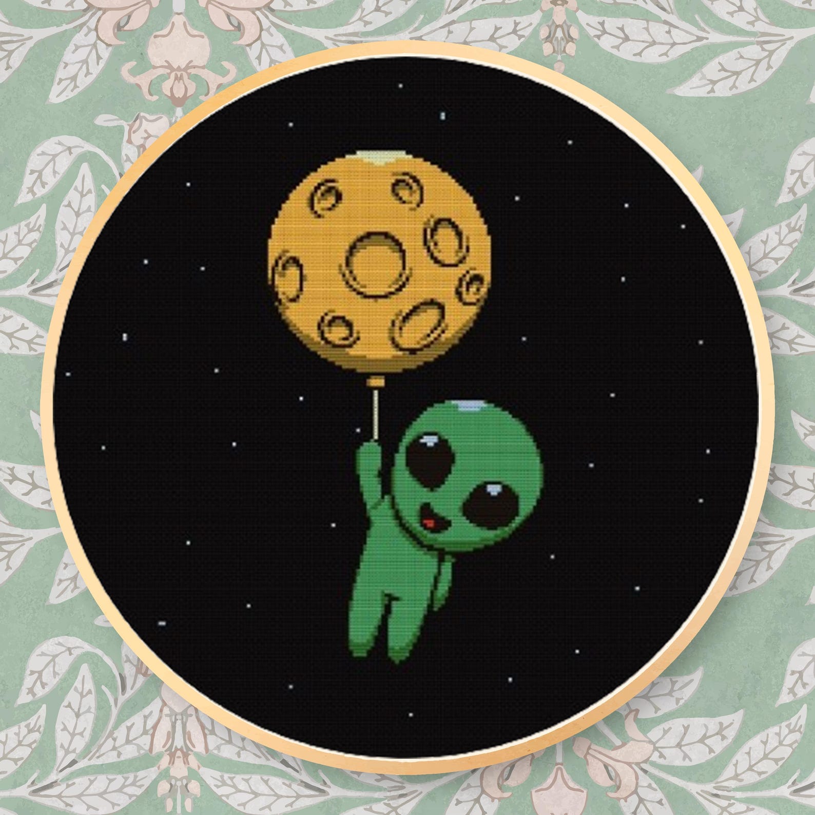 Alien With Moon Balloon Cross Stitch Pattern, Cute Alien Embroidery ...