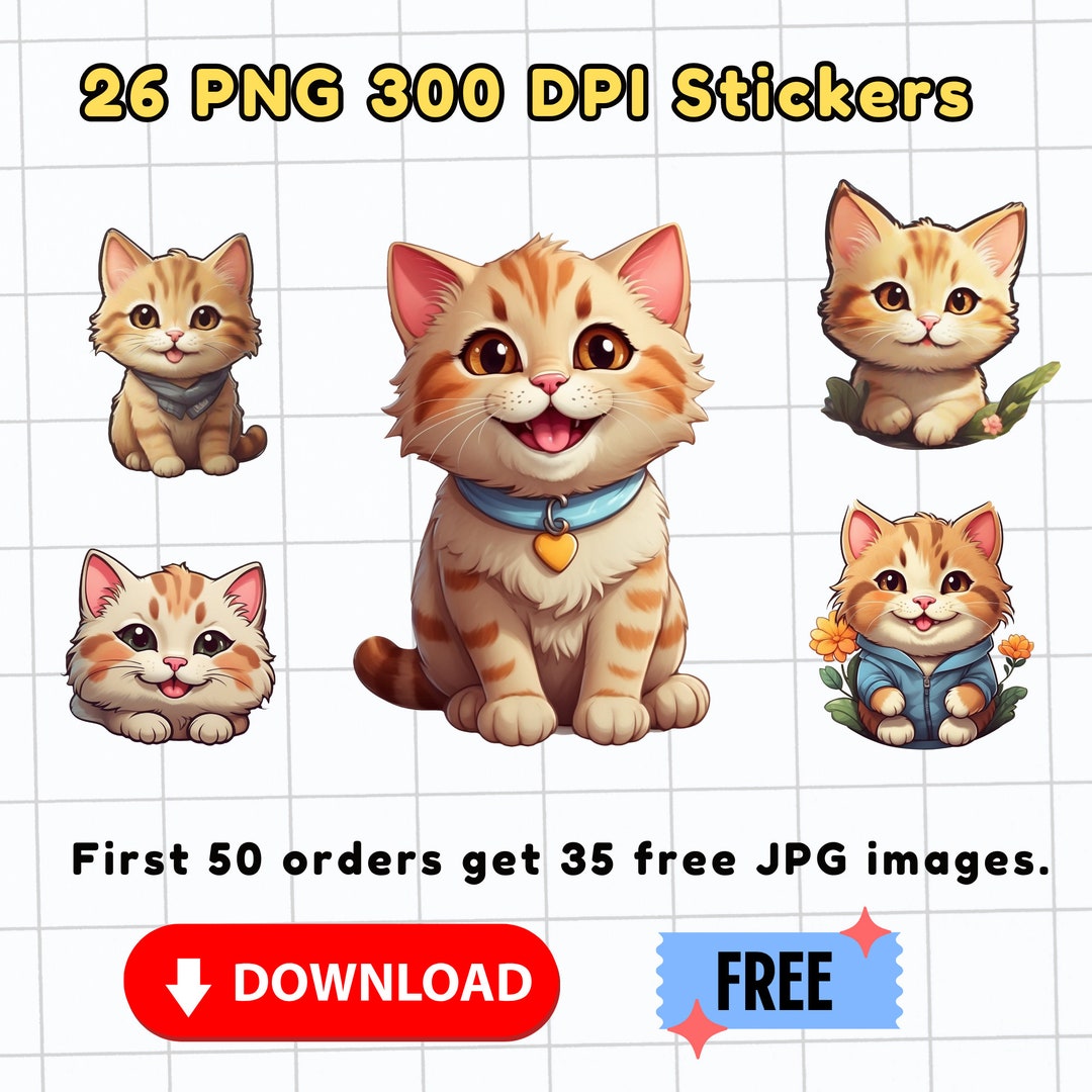 Cute Cat Digital PNG Sticker Sheets, 26 Different Designs, Various Cat ...