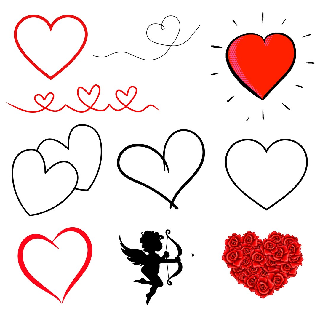Heart Printable Svg Set, 10 Heart Outline Svg, Heart Cutting Files ...