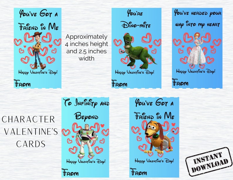 Character Valentine's Day Cards for Kid Printable Instant Download Kids ...