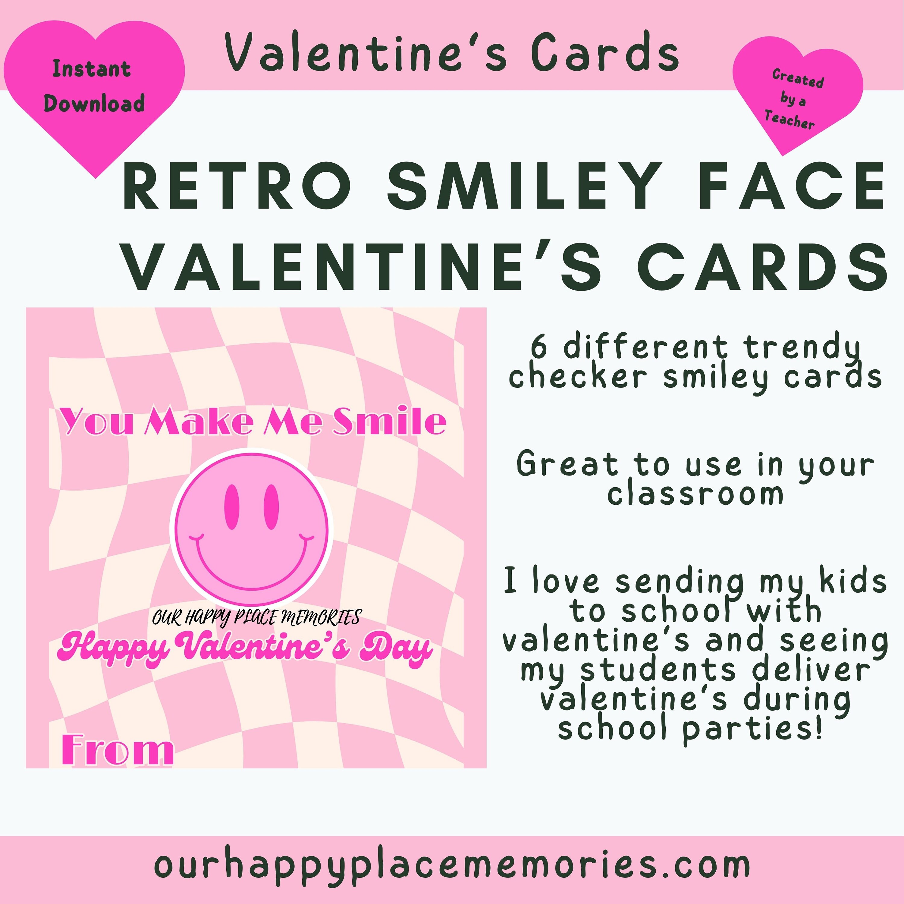 Smiley Face Valentine Cards, Retro Valentine's Day Cards, Print at Home ...