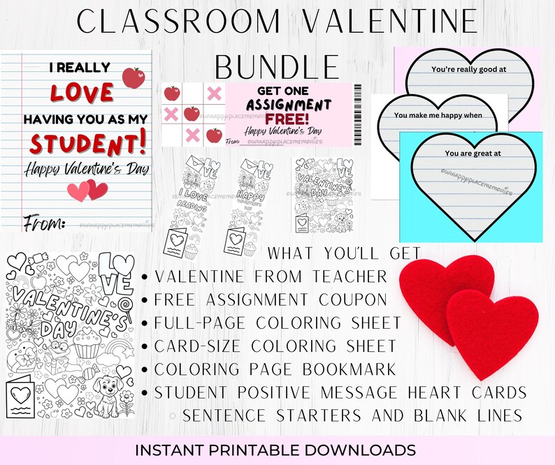 Teacher Valentine Bundle, Coloring Pages, Homework Coupon (digital ...