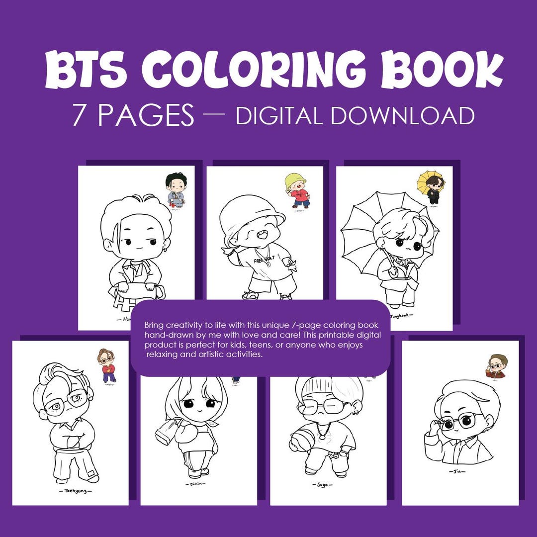 7 Pages Bts Coloring Book Digital Pages Army Gift,grilfriend Gift, Kpop ...