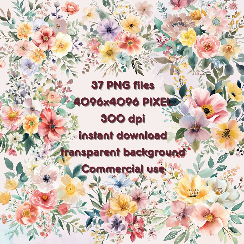 Charming Watercolor Floral Clip Art Set.watercolor Floral Clipart ...