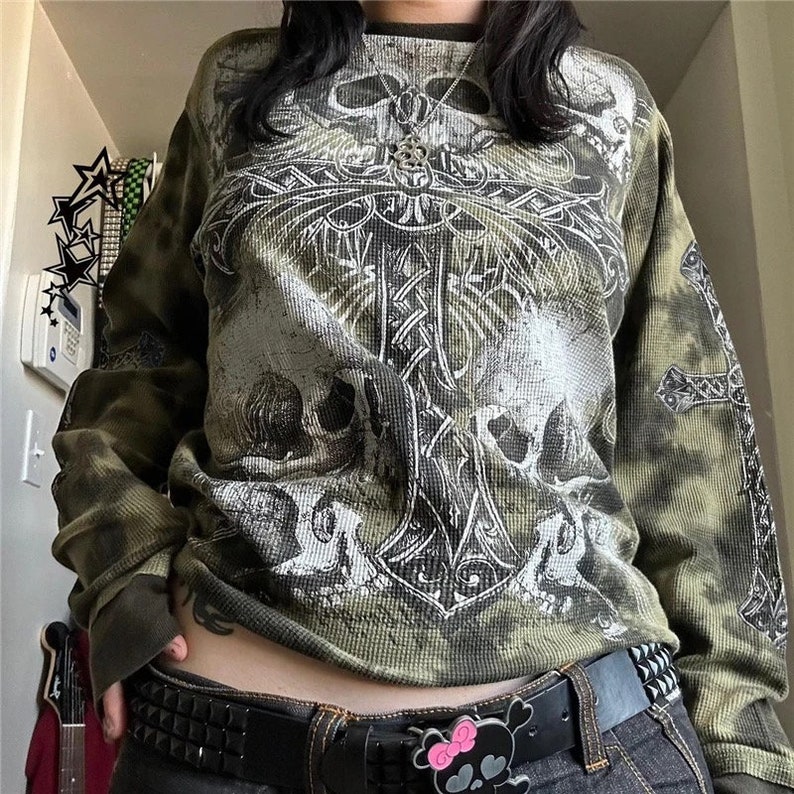 Grunge Tops Women Y2k Aesthetic Graphic Print Round Neck Long Sleeve T ...