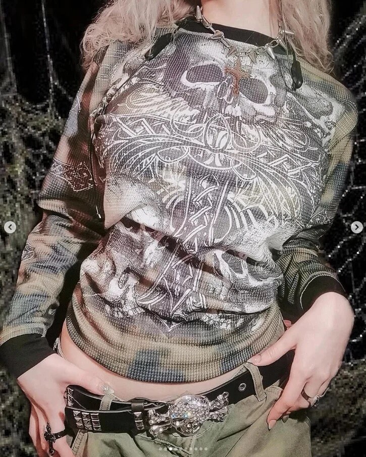 Grunge Tops Women Y2k Aesthetic Graphic Print Round Neck Long Sleeve T ...