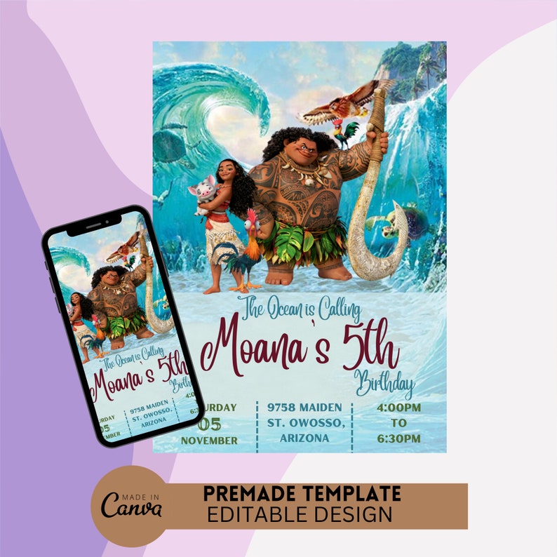 Moana Invitation Template, Moana Party Invite, Editable Canva Moana ...