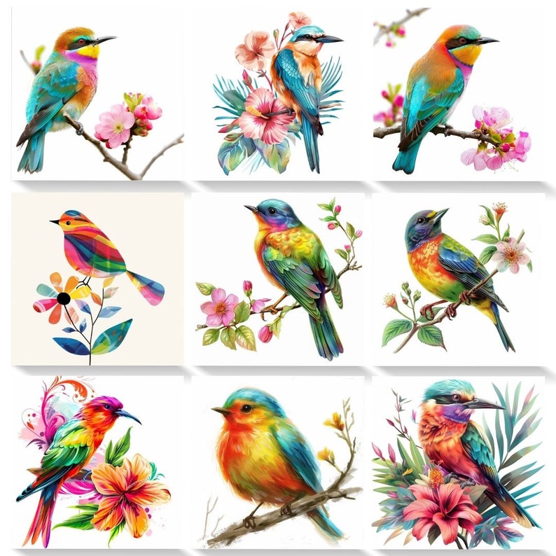 Birds Bundle Clipart, Colorful Birds, Birds on Branch, Birds on Flowers ...