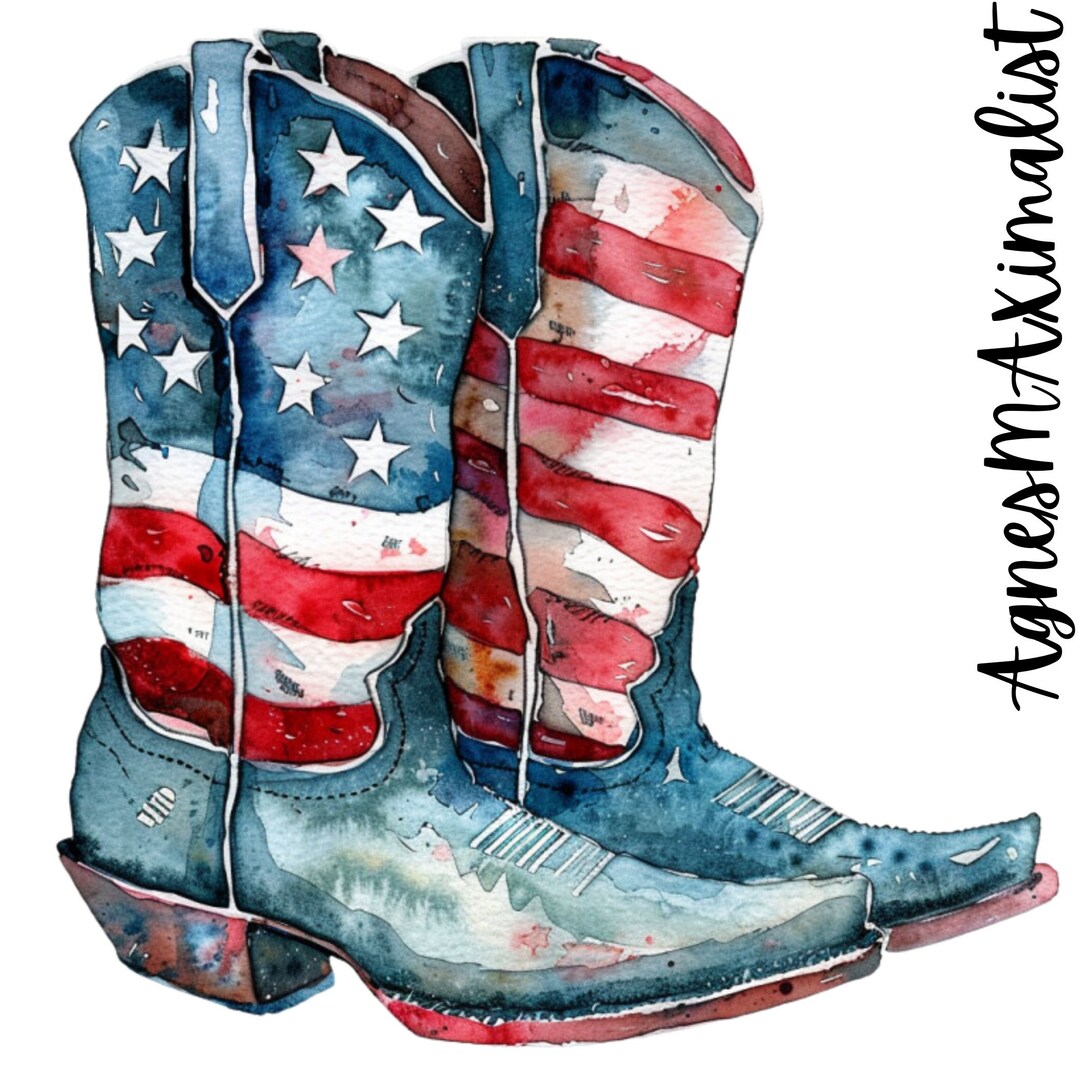 Watercolor Cowboy Boots Clipart: American Flag Western Design (digital ...