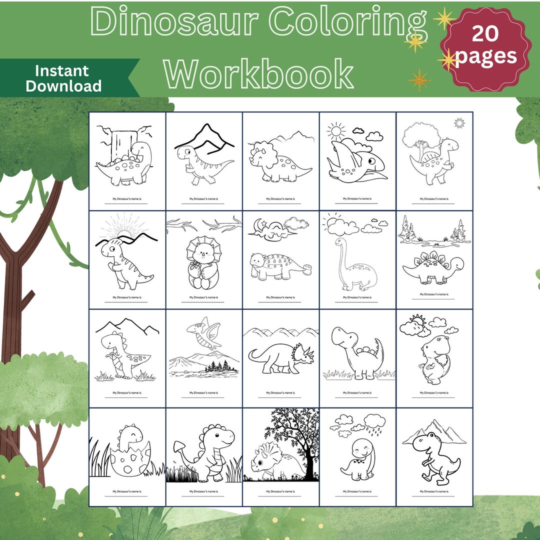 Dinosaur Coloring Workbook, 20 Printable Dinosaur Coloring Pages, Great ...