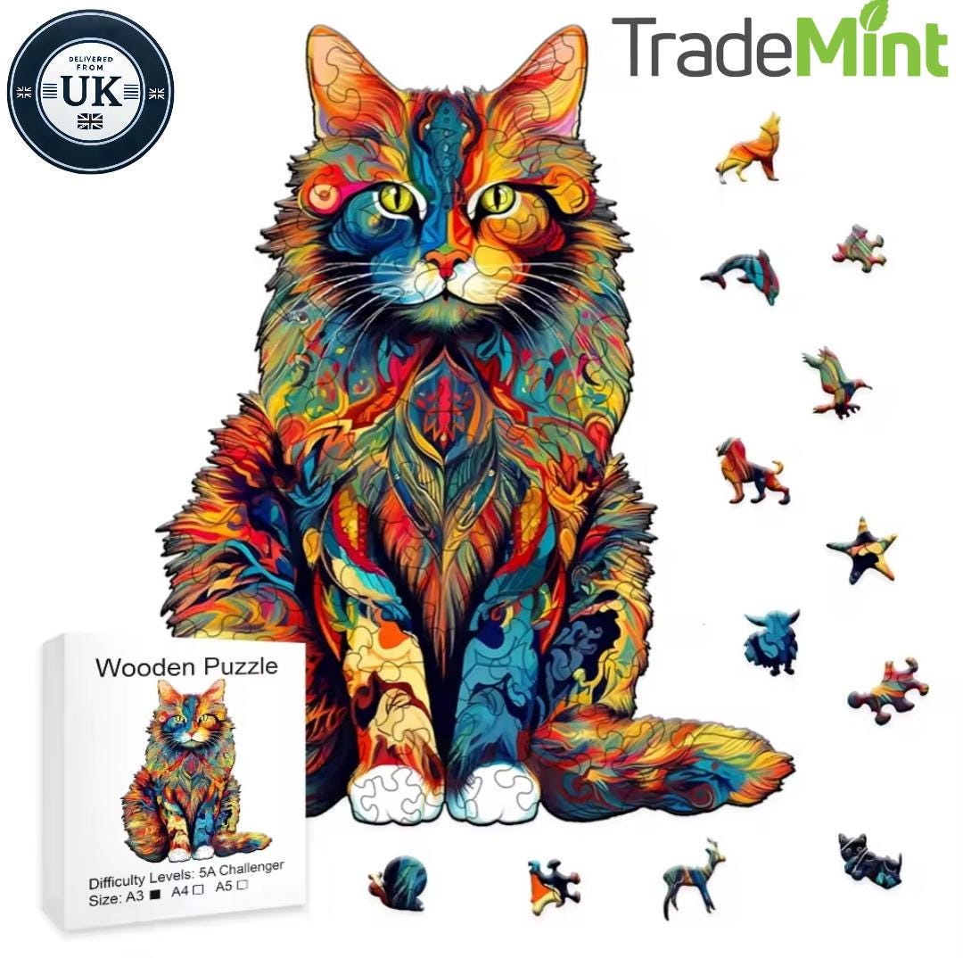 Premium Wooden Cat Puzzle | Laser-cut Animal Design for Kids & Adults ...