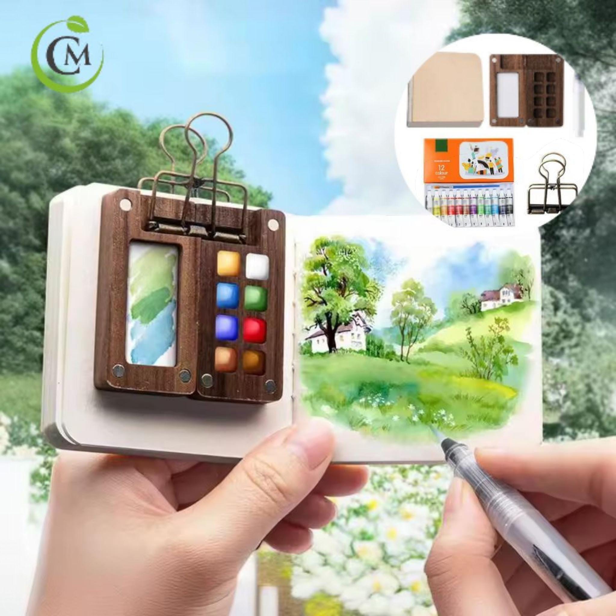 Mini Travel Watercolor Palette - 8 Grid Wooden Paint Box With Brush ...