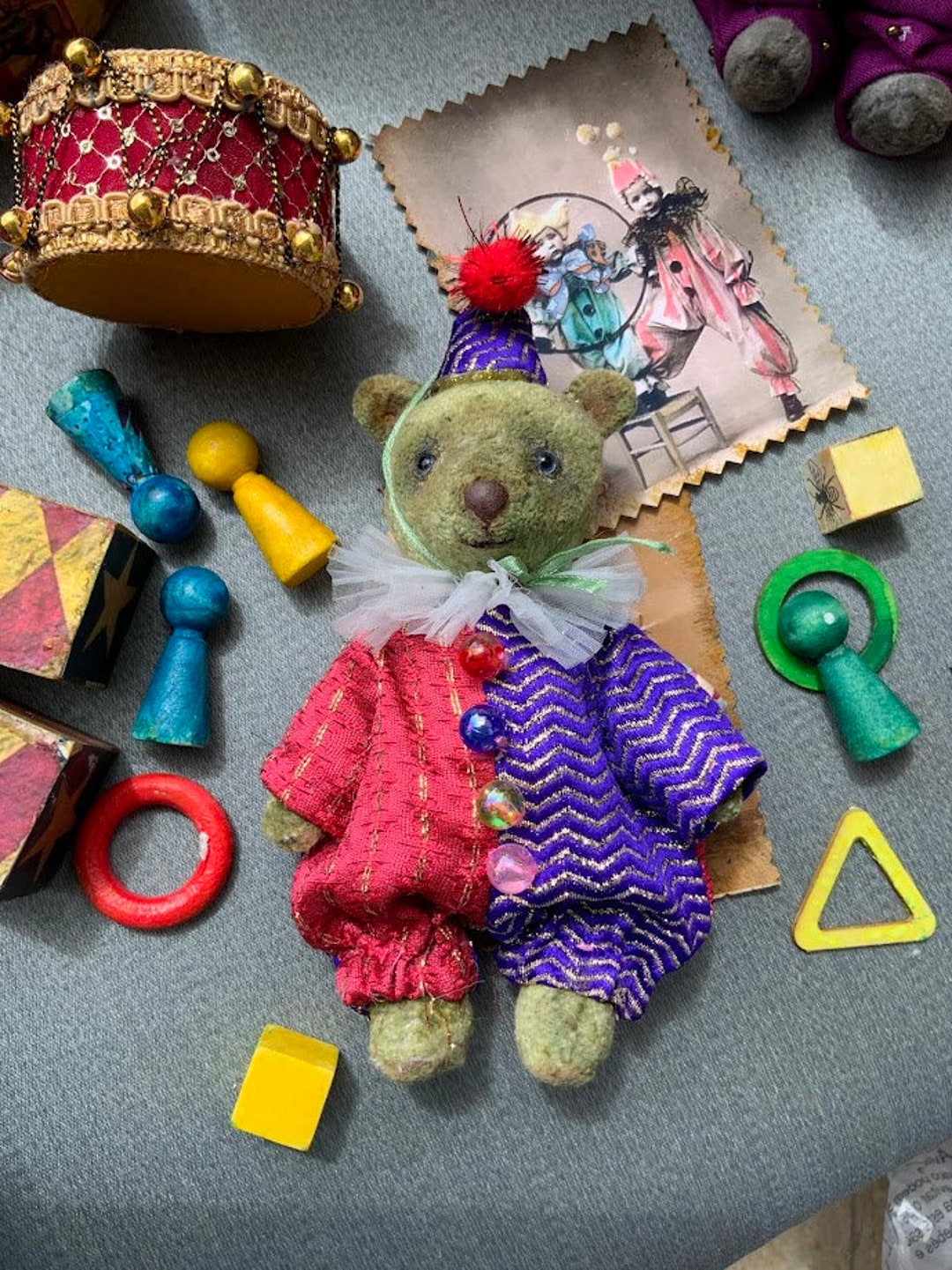 OOAK Mini Teddy Bear Clown Art Collection Vintage Circus in Wooden ...